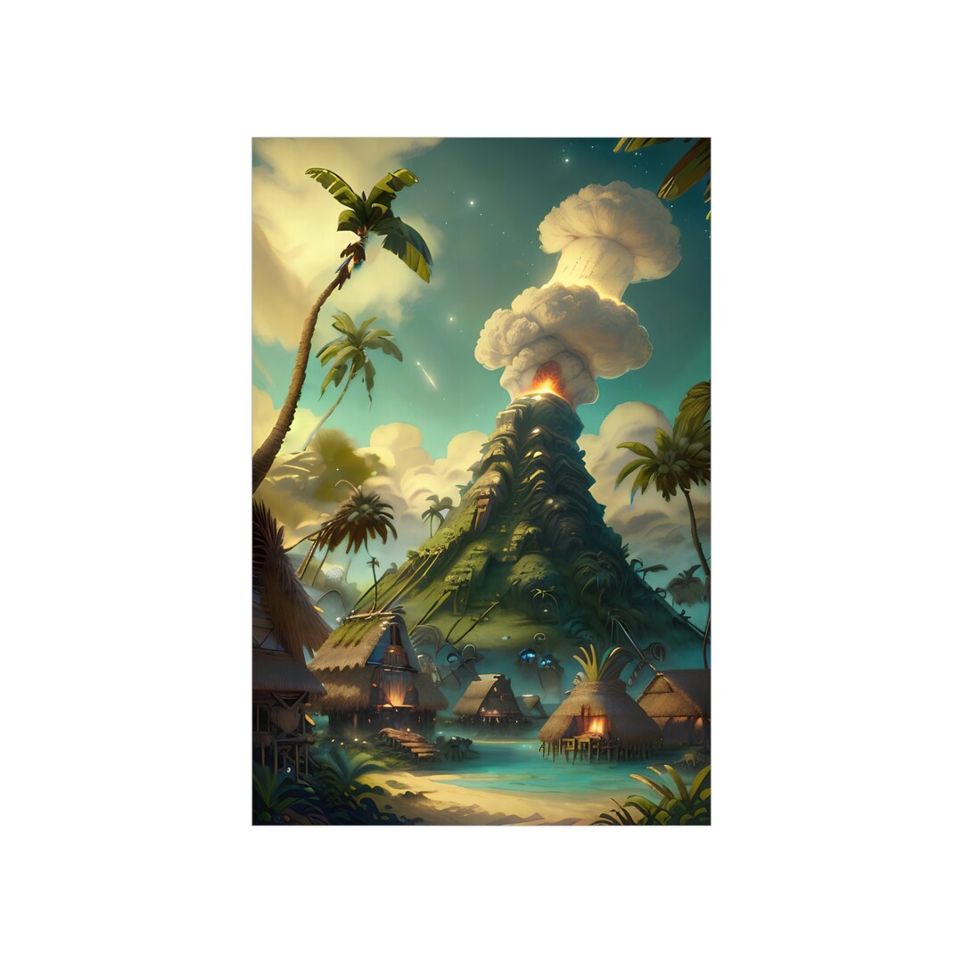 Stunning Volcano Eruption Poster | Native Tiki Village Artwork ...