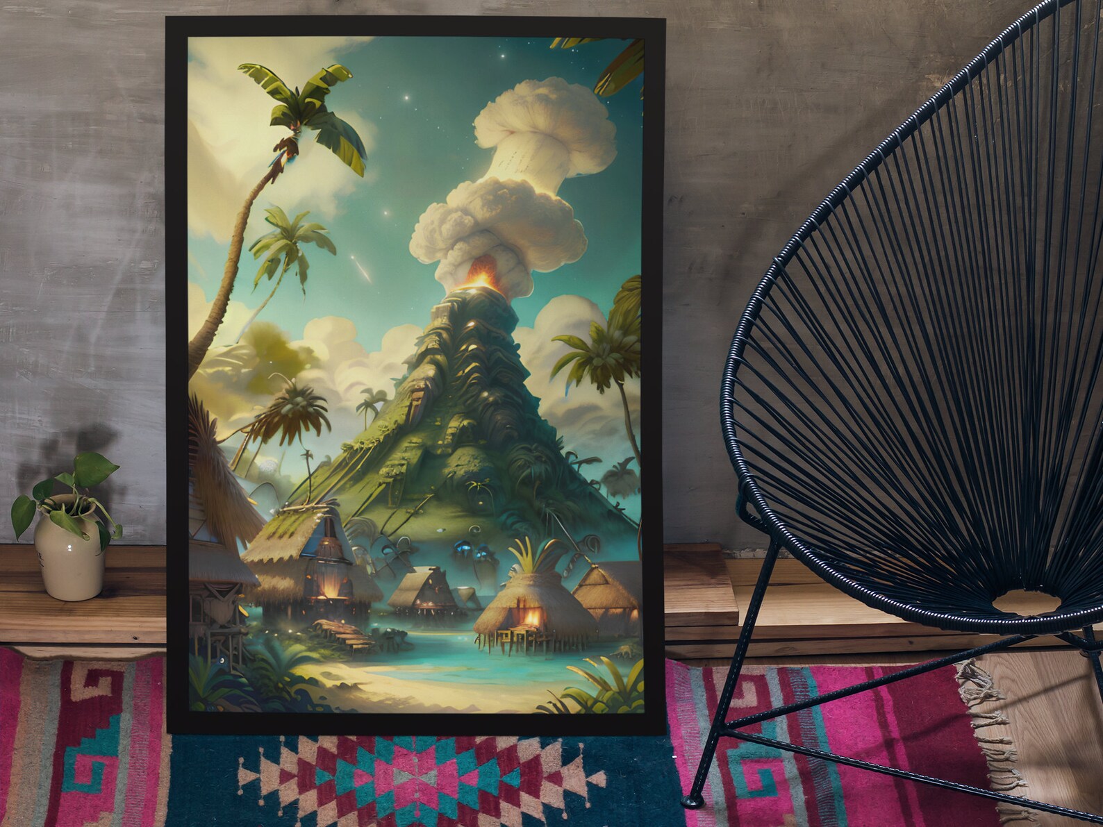 Stunning Volcano Eruption Poster Native Tiki Village Artwork - Etsy