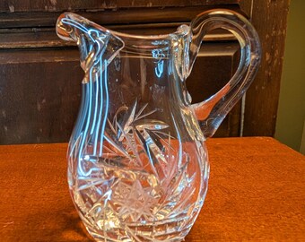 Antique Floral Etched Crystal Syrup Pitcher 7oz Tin Lid | Vintage Small ...