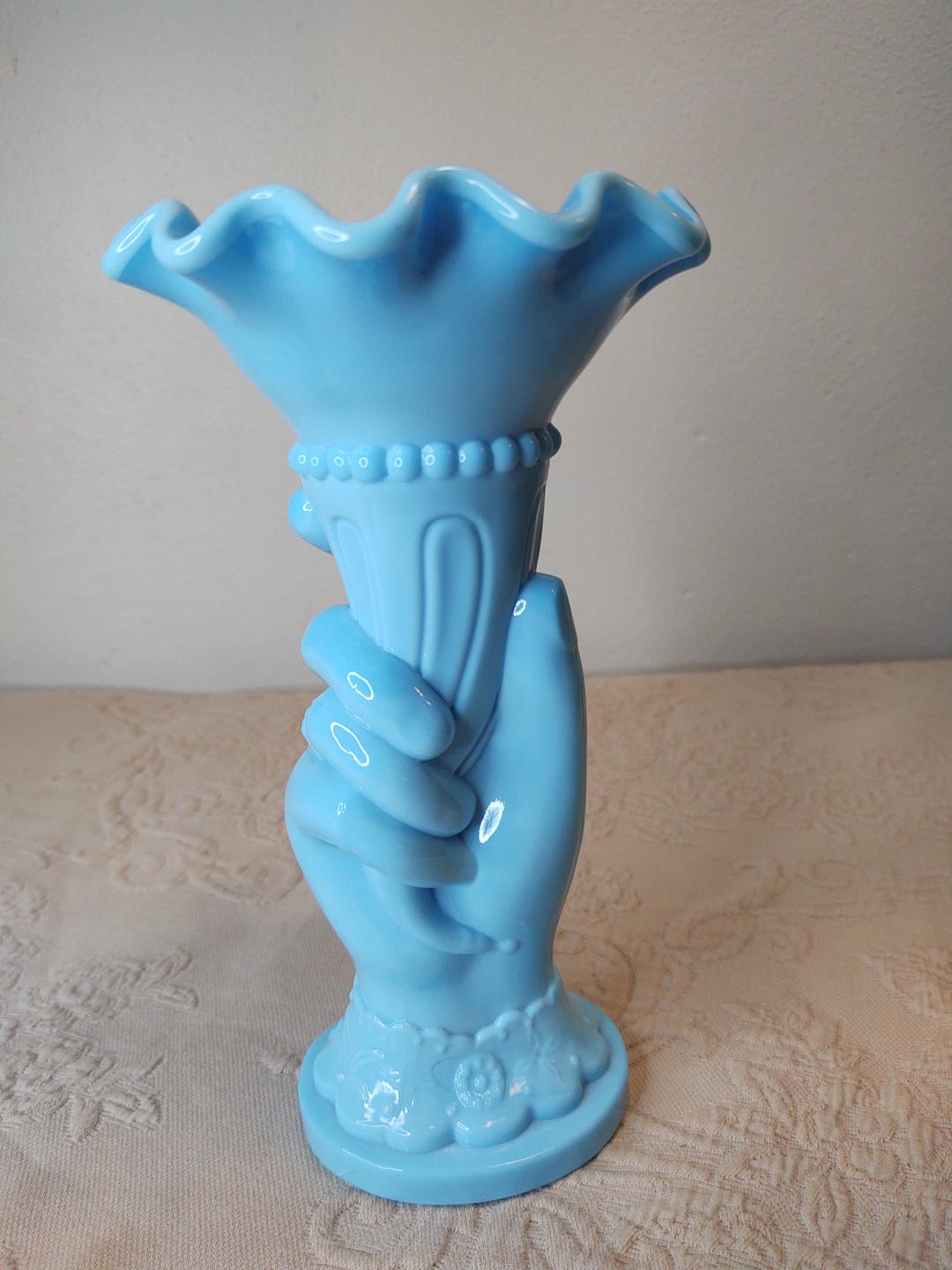 French Art Glass, Victorian Hand Vase, Opaline Blue Milk Glass - Etsy