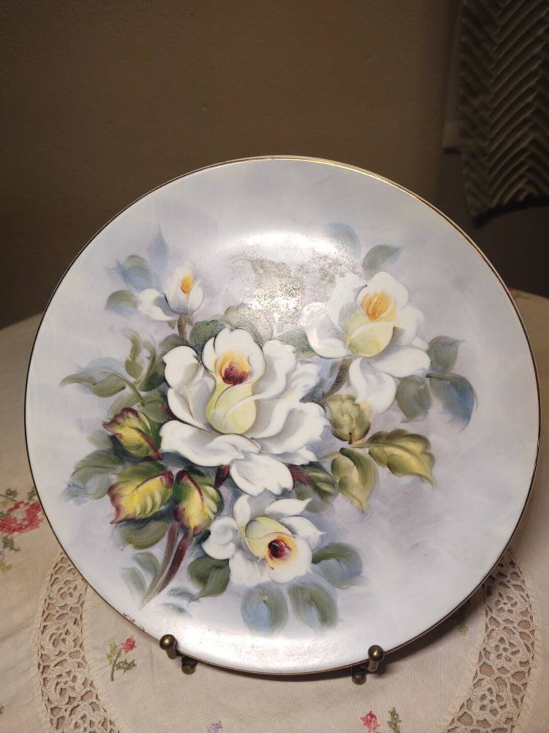 Hand Painted Lefton China Plate, 1970's, White Roses - Etsy
