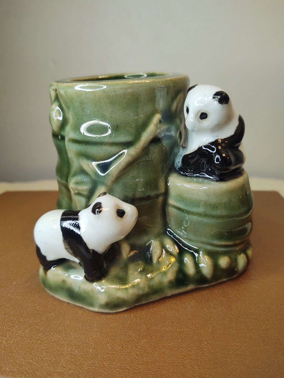 Ceramic Bamboo Planter W/panda Bears - Etsy