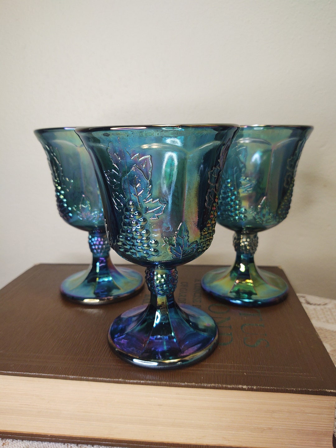 Carnival Glass, Sapphire Blue Goblets, Set of 3 - Etsy