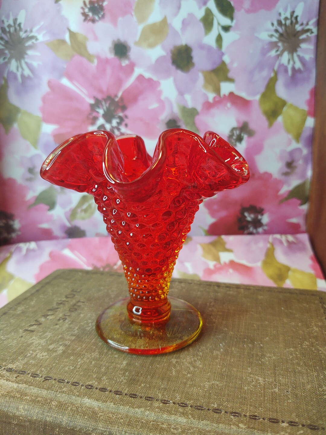 Amberina Fenton Hobnail Ruffle Edge Vase - Etsy