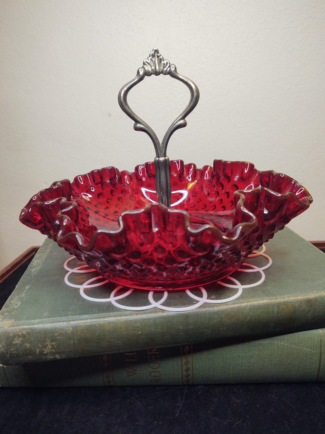 Fenton Glass Ruby Red, Ruffle Edge, Hobnail, Center Handle - Etsy
