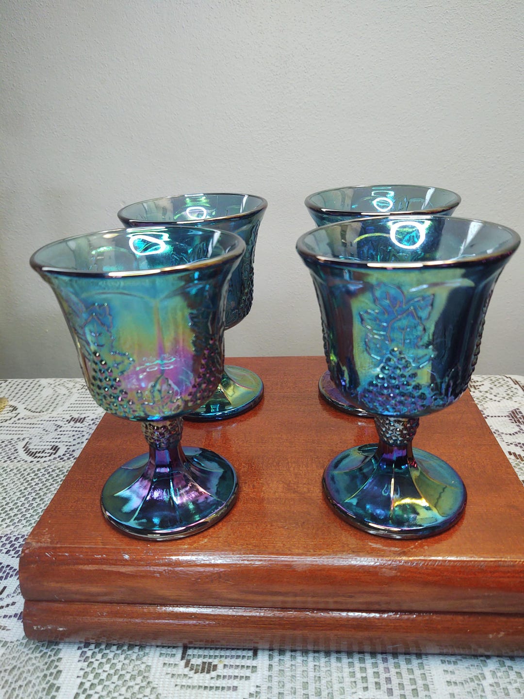 Blue Carnival Glass Stemmed Goblets, Set of 4 - Etsy