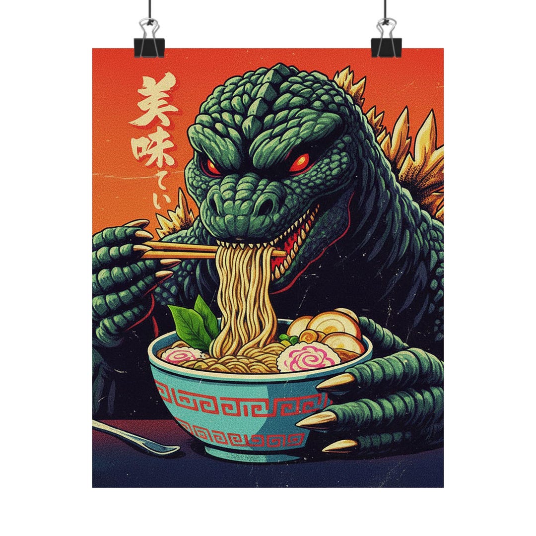 Kaiju Kitchen Vertical Poster, Godzilla Eating Ramen Noodles, Pop ...