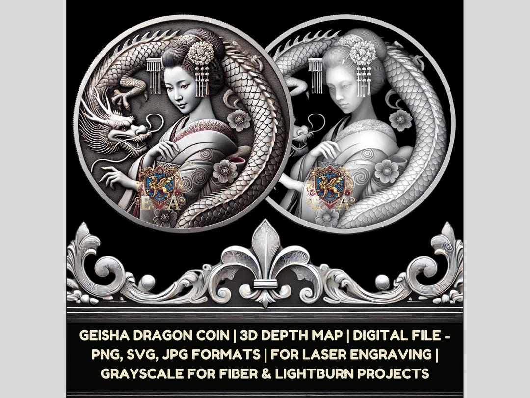 Geisha Dragon Coin 3D Depth Map Unique Japanese Design, Oriental Art ...