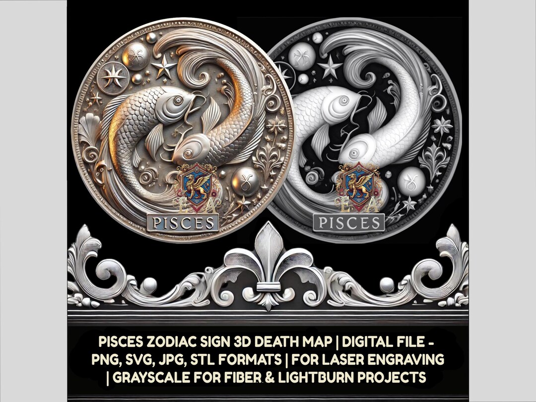 Pisces Zodiac Sign Coin 3D Depth Map Digital File - PNG, SVG, JPG ...