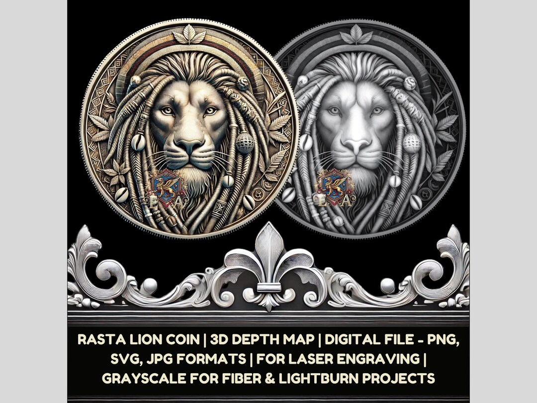 Rasta Lion Coin 3D Depth Map Digital File - PNG, SVG, JPG Formats for ...