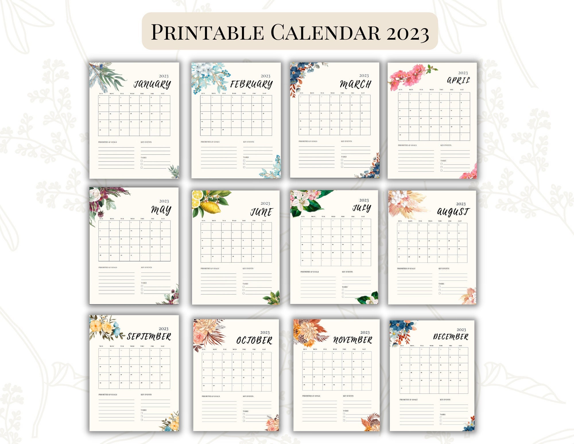 2023 Floral Calendar Printable Portrait, Vertical Digital Download Wall ...
