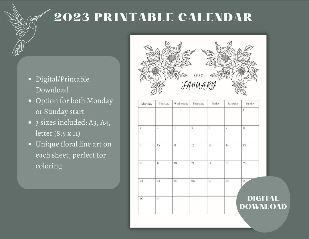 2023 Floral Calendar Printable | Coloring Line Art Calendar | Portrait ...