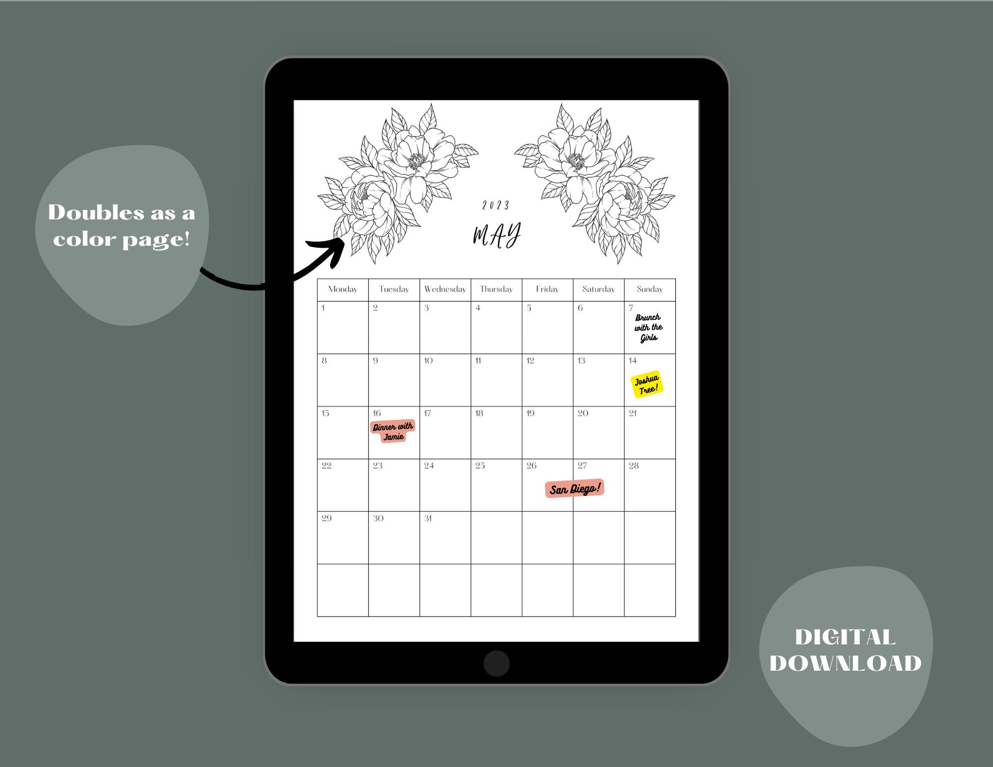 2023 Floral Calendar Printable | Coloring Line Art Calendar | Portrait ...