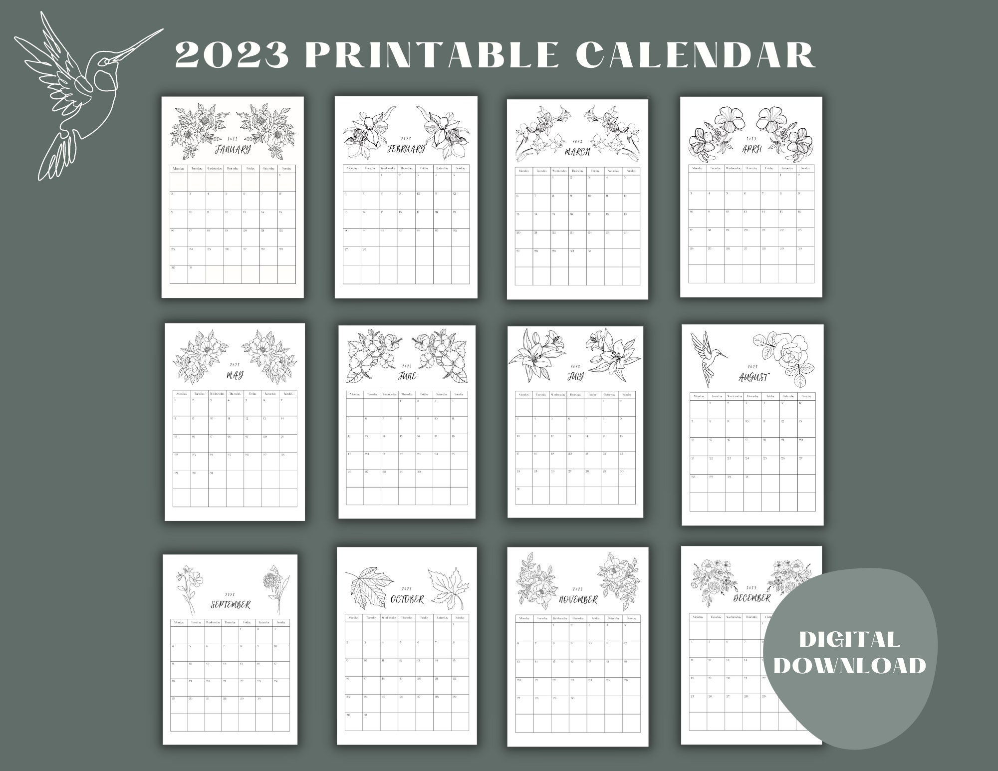 2023 Floral Calendar Printable | Coloring Line Art Calendar | Portrait ...