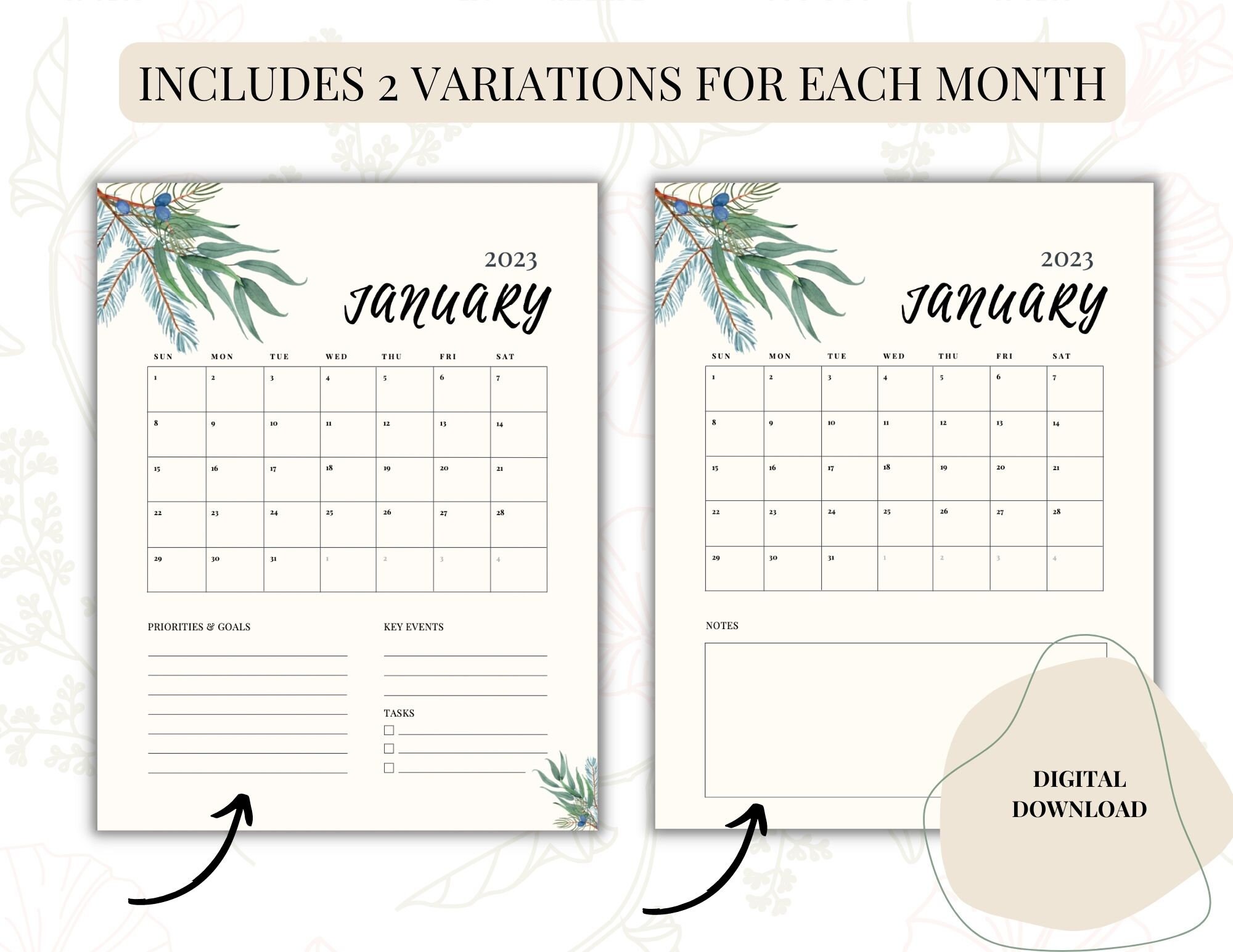 2023 Floral Calendar Printable Portrait, Vertical Digital Download Wall ...