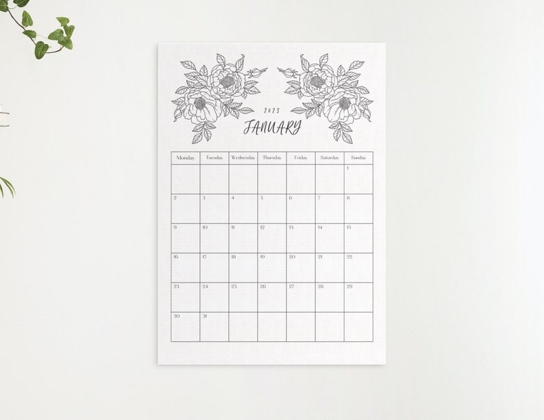 2023 Floral Calendar Printable | Coloring Line Art Calendar | Portrait ...
