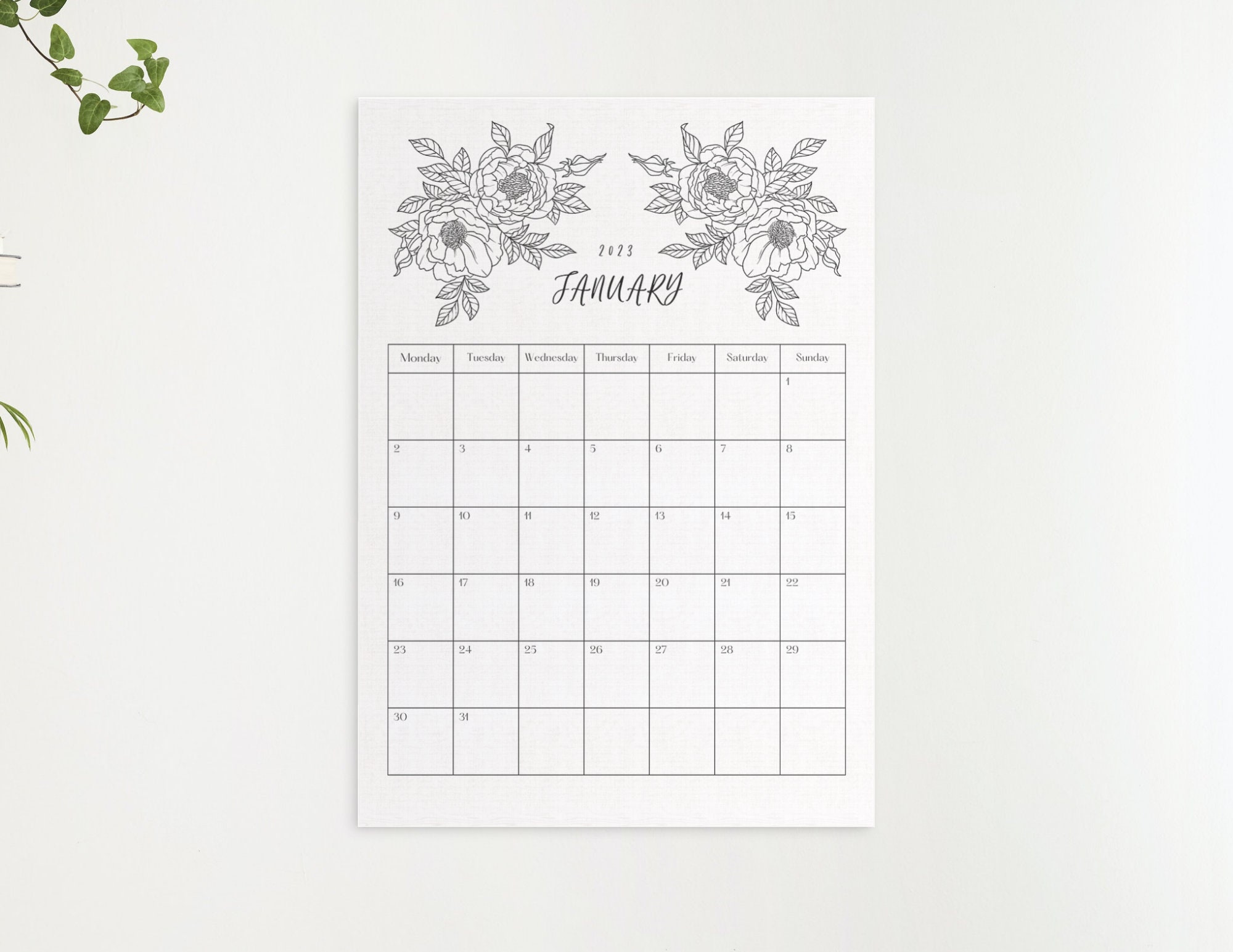 2023 Floral Calendar Printable | Coloring Line Art Calendar | Portrait ...