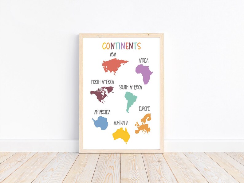 Continents, Educational Wall Art, Geography Poster, Kids Room Decor ...