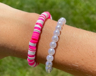 Pink Heishi Bracelet Pink and White Clay Bead Spring Preppy Pearl Flower Bead Summer Coquette - Etsy