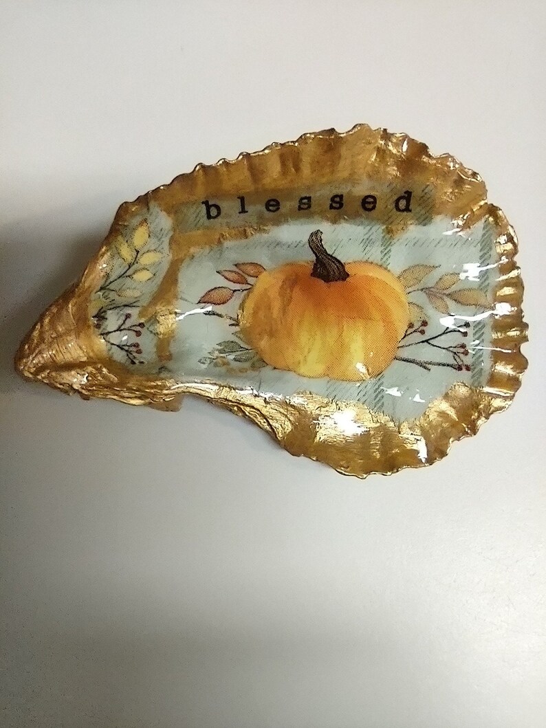 Set of Three Fall Pumpkin / Thanksgiving Themed Decoupage Oyster Shells ...