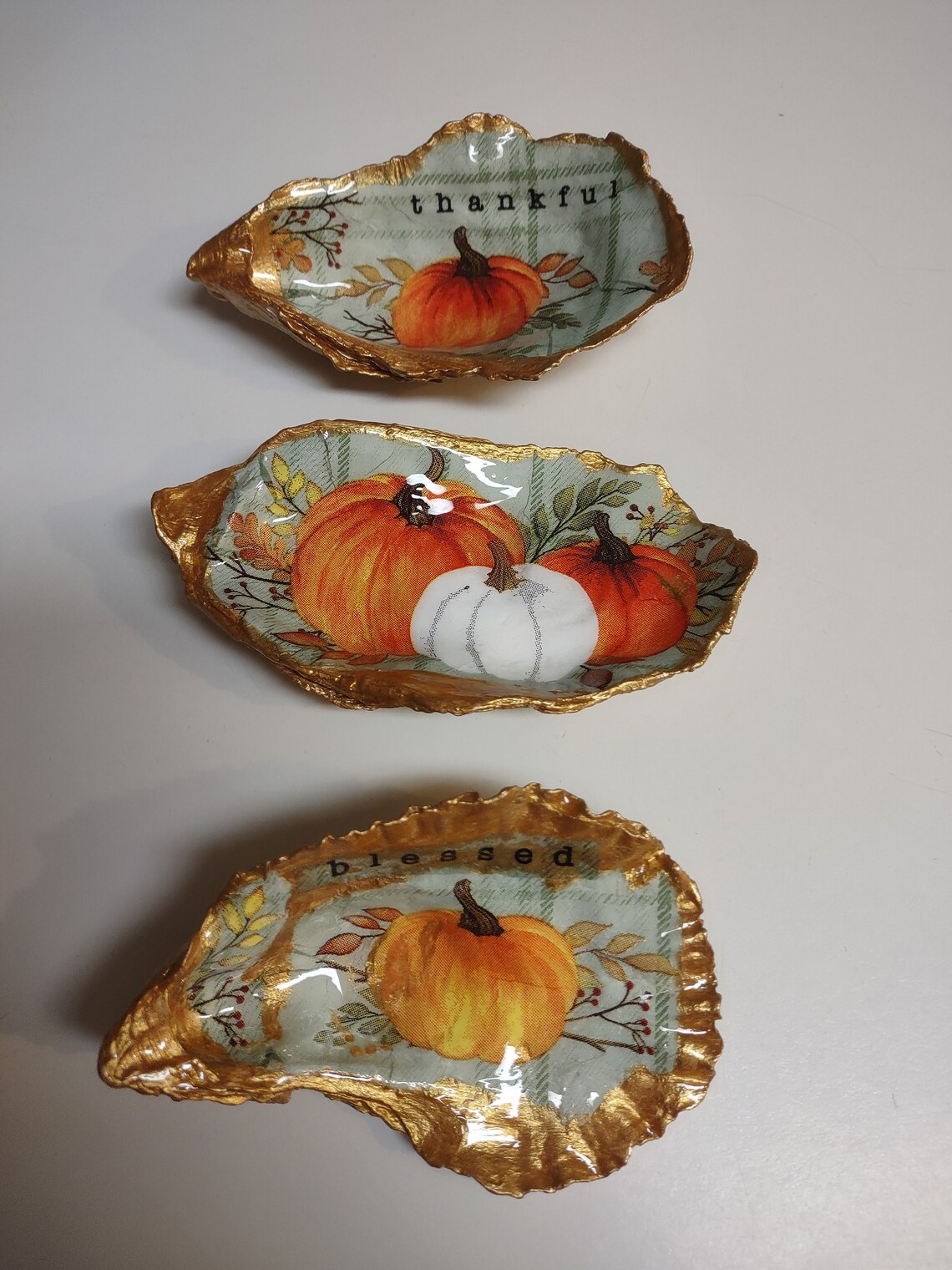 Set of Three Fall Pumpkin / Thanksgiving Themed Decoupage Oyster Shells ...