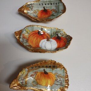 Set of Three Fall Pumpkin / Thanksgiving Themed Decoupage Oyster Shells ...