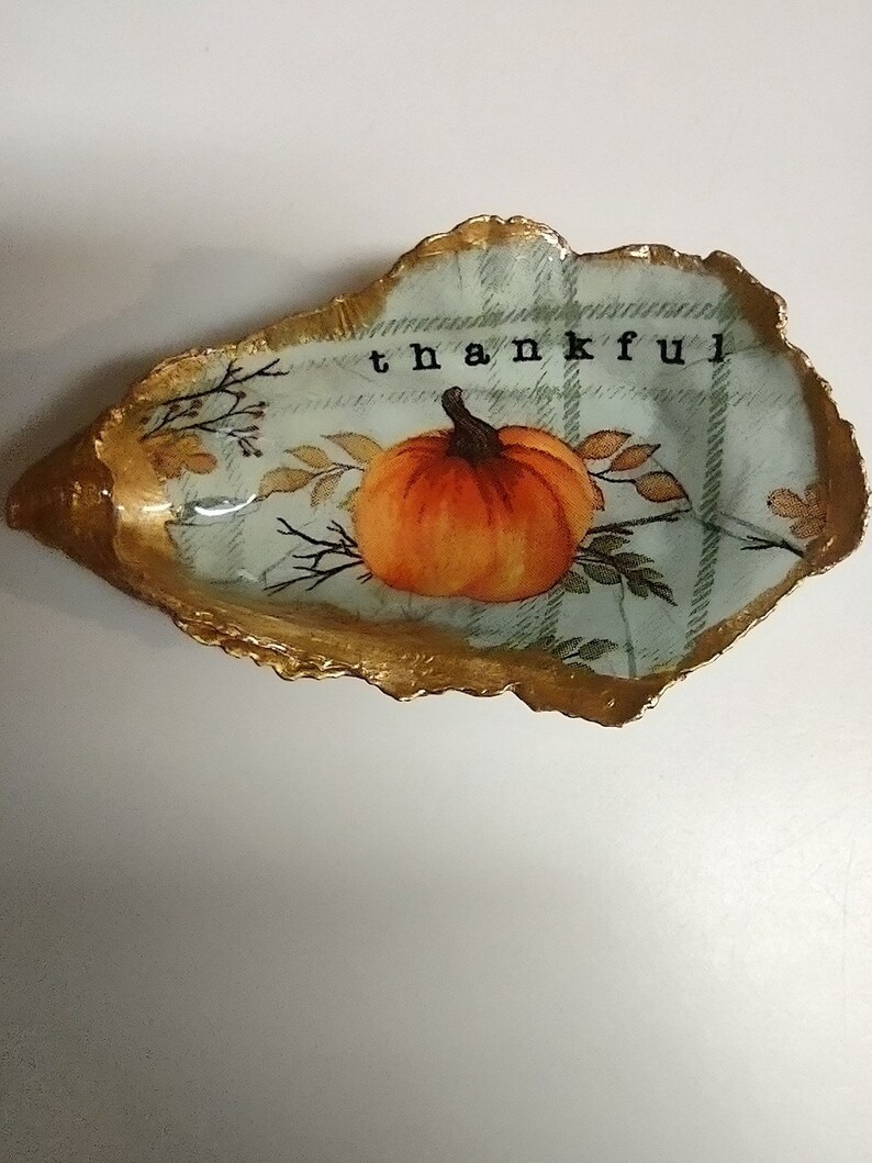 Set of Three Fall Pumpkin / Thanksgiving Themed Decoupage Oyster Shells ...