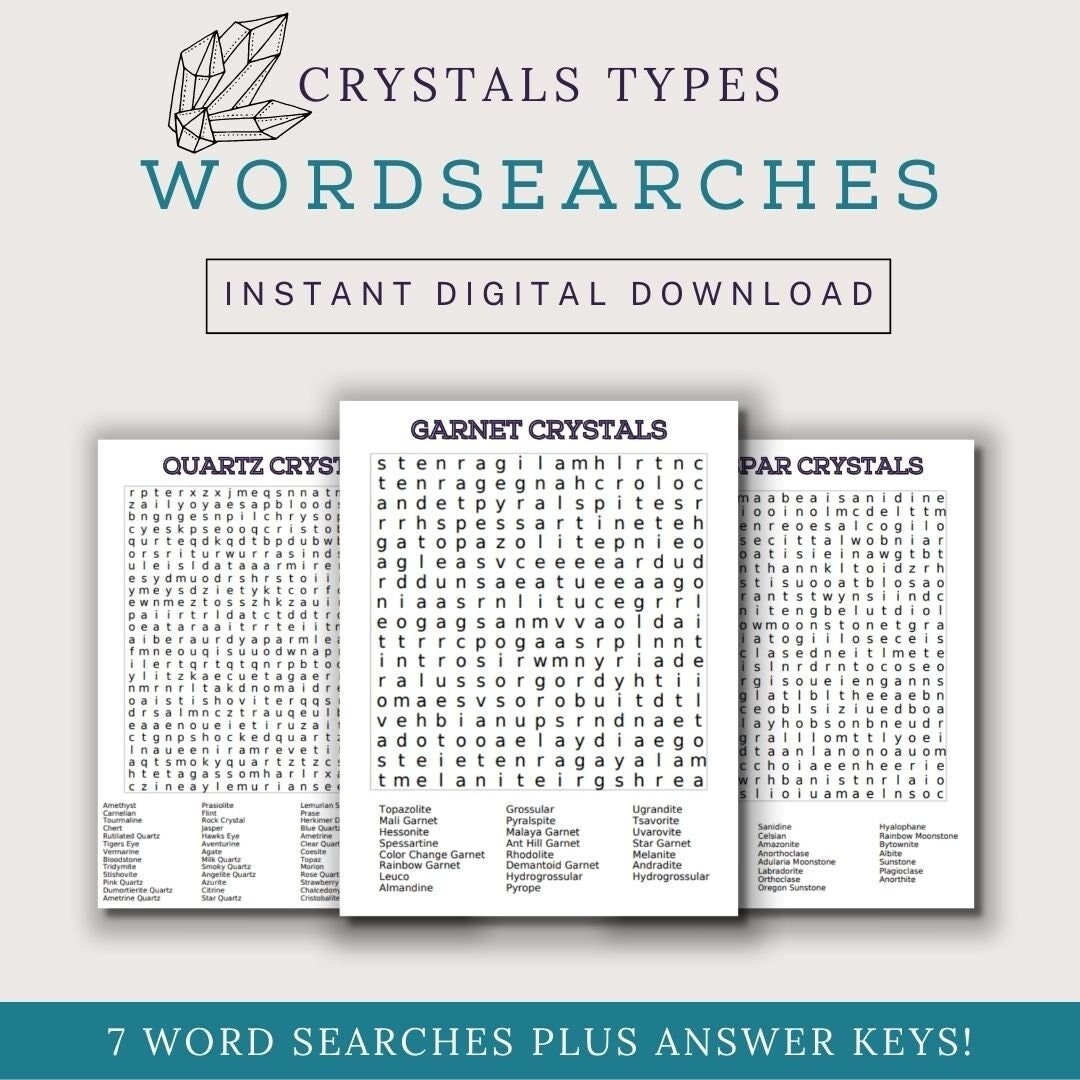 Crystal Types Digital Word Search Bundle 7 Printable Spiritual Puzzle ...