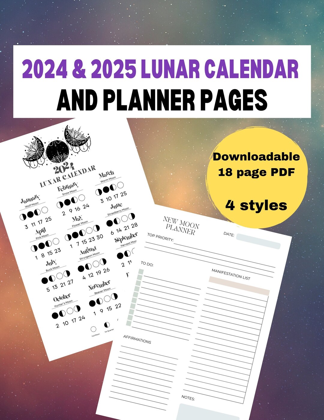 2024 and 2025 Lunar Calendar Moon Planner Moon Phases Calendar Moon ...