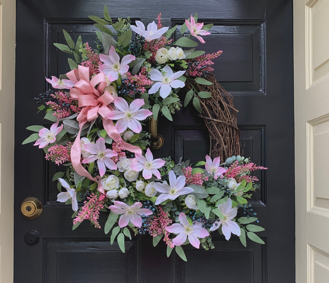 Pink Clematis Summer Wreath, Farmhouse Front Door Decor - Etsy