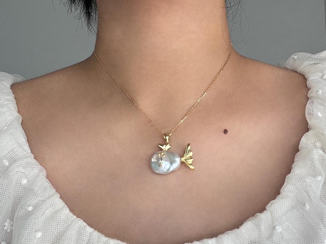 Special Fish Design Fresh Water Pearl Necklace. S925 Gold Vermeil ...