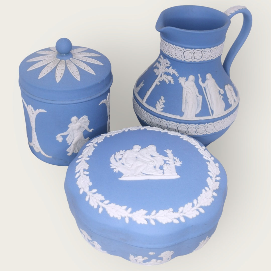 Wedgwood Jasperware Blue and White Set of Three Wedgwood Ceramics Wedgwood Pitcher and Two ...