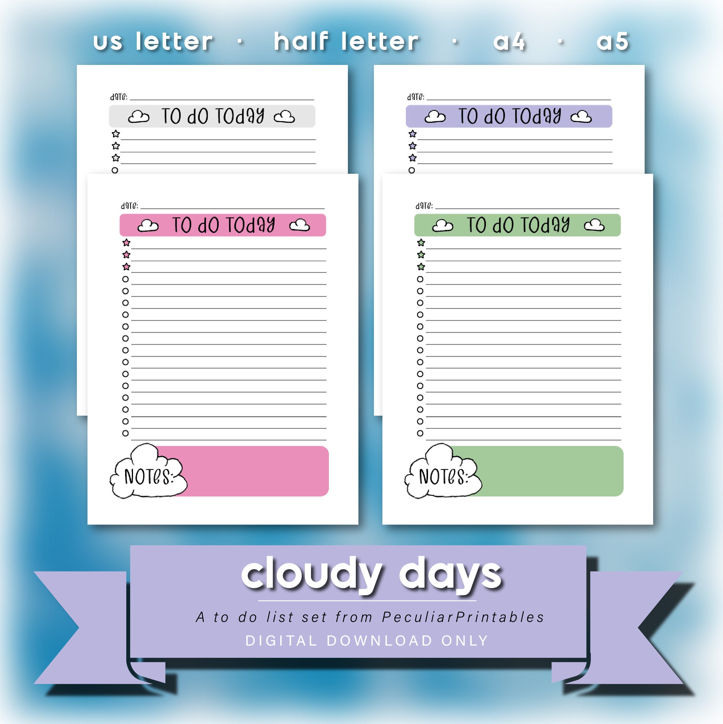 To Do List Printable Set With 3 Colors Cloudy Days for Planners, Bullet Journals, Notetaking ...