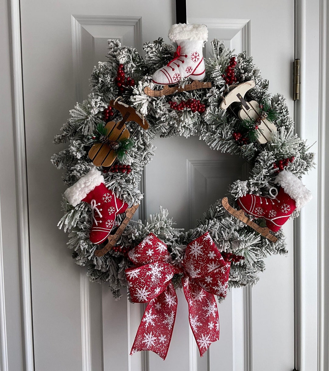Flocked Winter Wreath: Ice Skates, Sleds & Snowflake Ribbon - Etsy