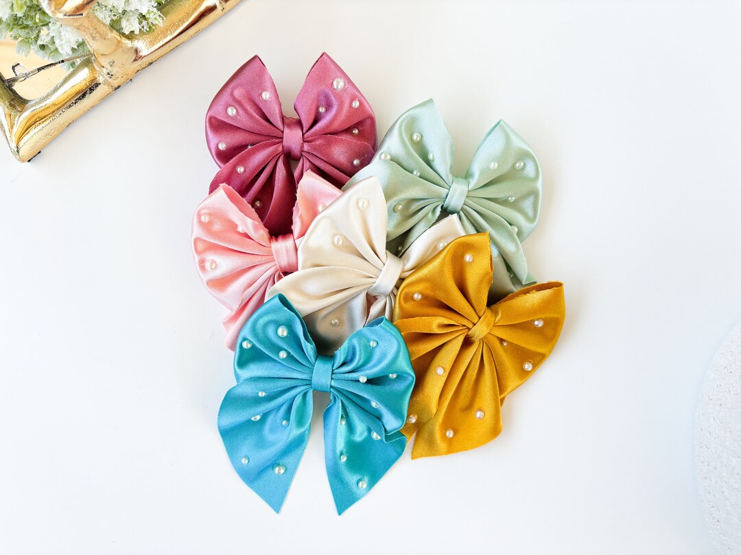 Pearl Satin Sailor Bows Bows on Clip Set of Piggies Pink Bow Gold Bow ...