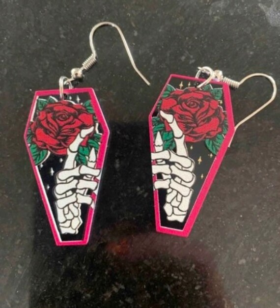 Coffins Skeleton Bones Rose Earrings Handmade - Etsy