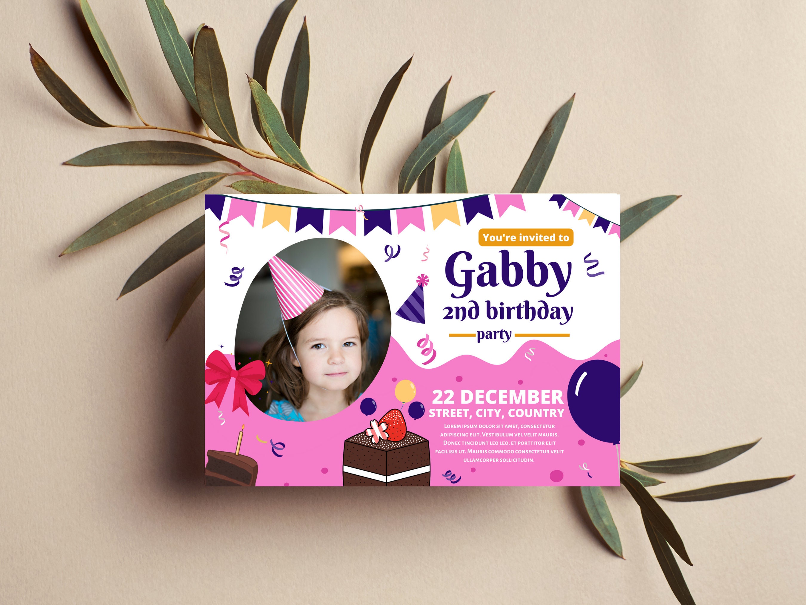 Pink Purple Birthday Card, Printable Birthday Card, Editable Birthday ...