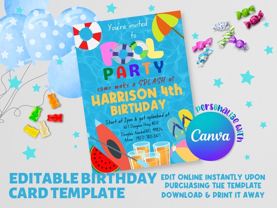 Pool Splash Birthday Card Printable Pool Birthday Card - Etsy