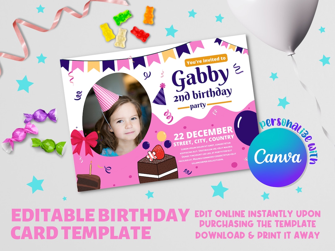 Pink Purple Birthday Card, Printable Birthday Card, Editable Birthday ...