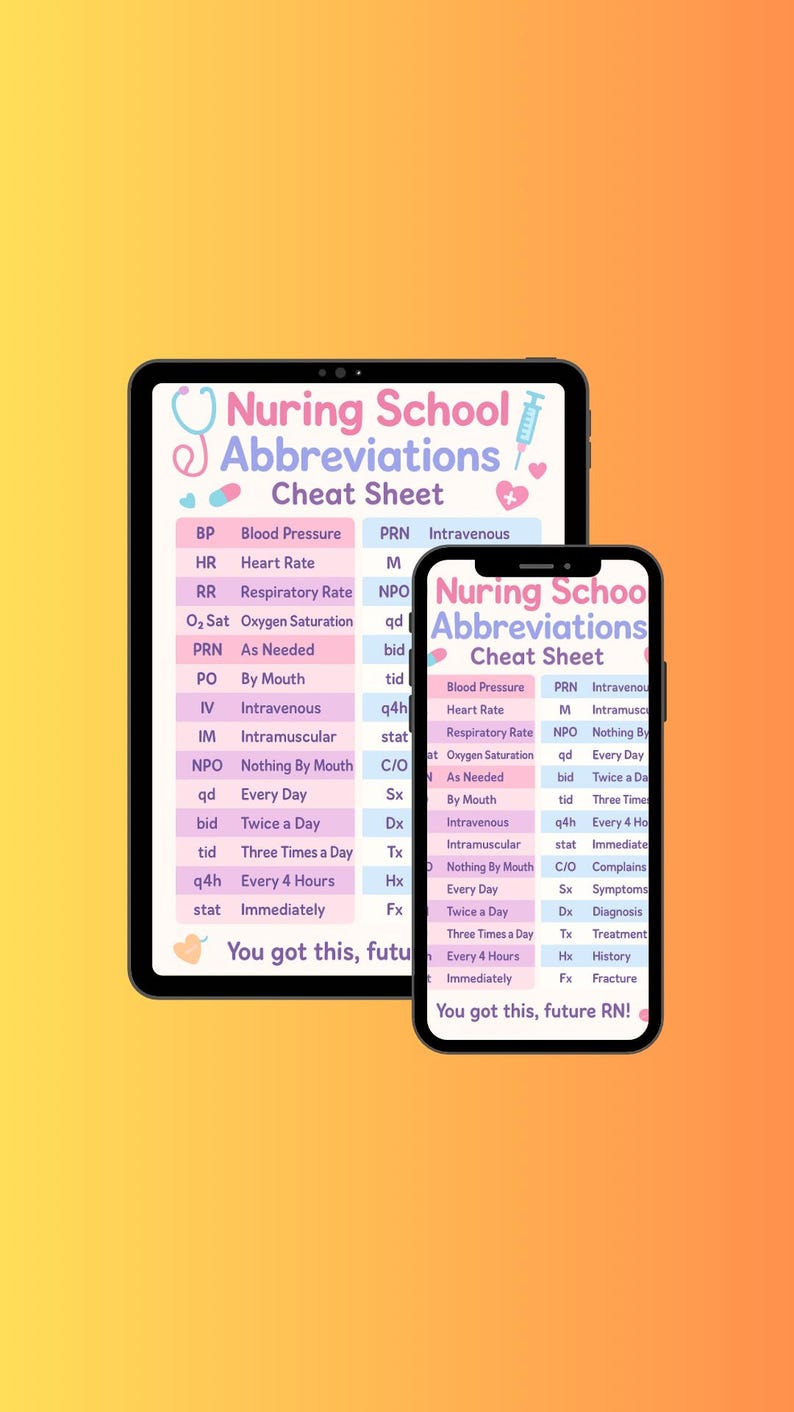 Nursing Abbreviations Cheat Sheet | Printable Study Guide | Digital ...