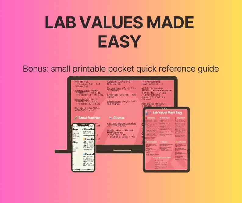 Printable Nursing Lab Values: Study Aid Cheat Sheet (digital Download ...