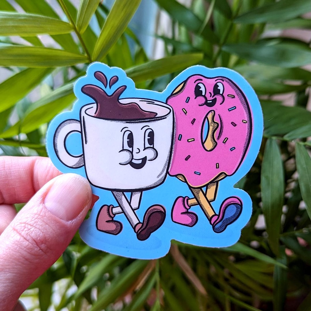 Coffee and Donut Friends Sticker | Vintage Cartoon, Waterproof Vinyl - Etsy