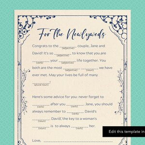 Mad Libs Editable Template, Bridal Party Game, Wedding Reception Game ...