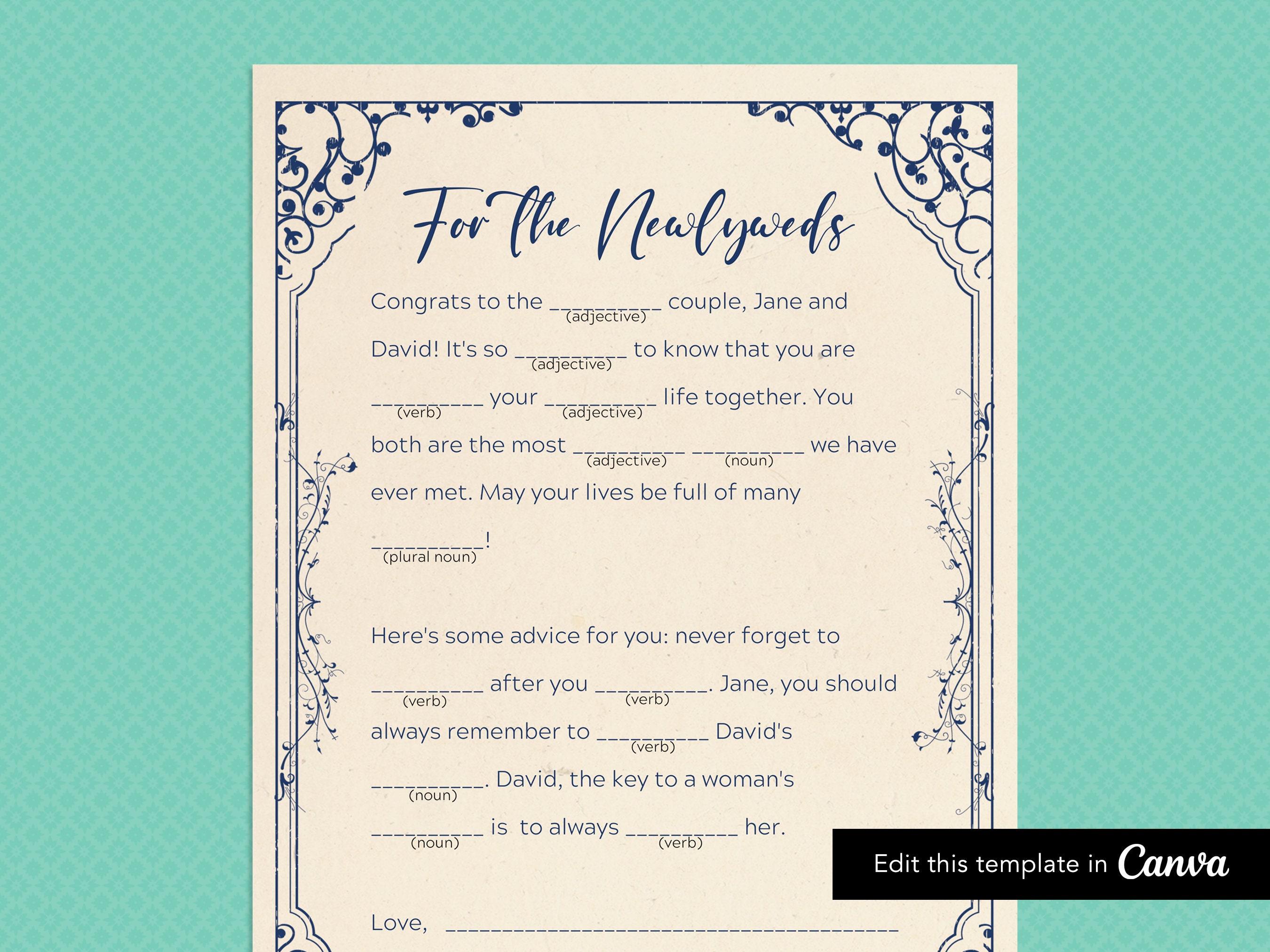 Mad Libs Editable Template, Bridal Party Game, Wedding Reception Game ...