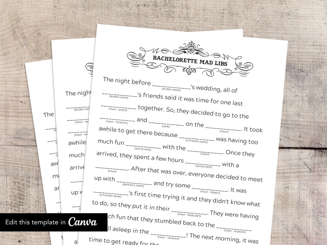 Mad Libs Template, Library Card Mad Libs, Bridal Party Game, Wedding ...