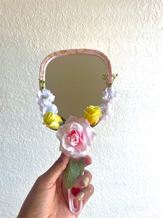 Pretty Pink and Gold Hand Mirror With Pink and Yellow Roses - Etsy