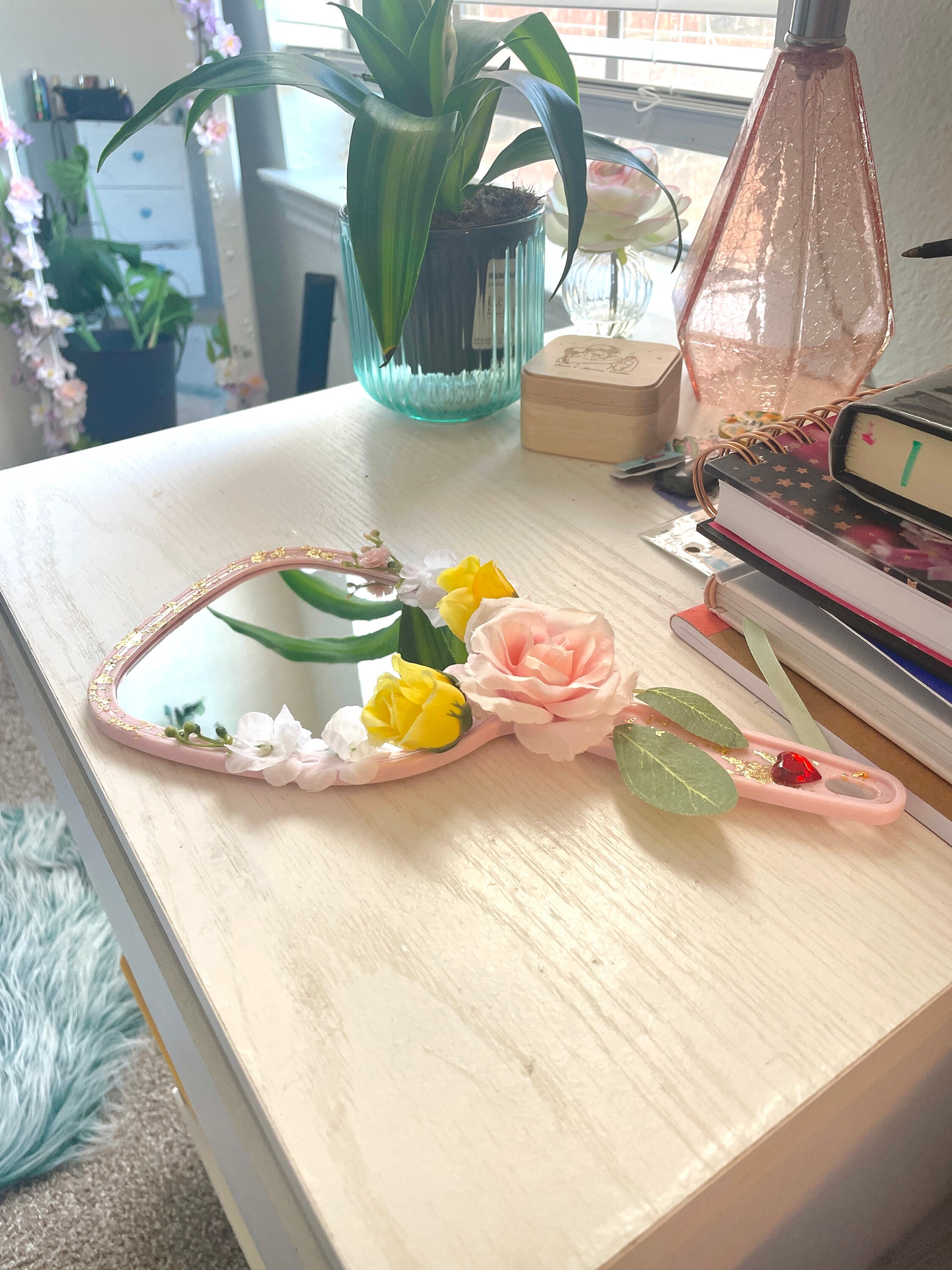 Pretty Pink and Gold Hand Mirror With Pink and Yellow Roses, Girly ...