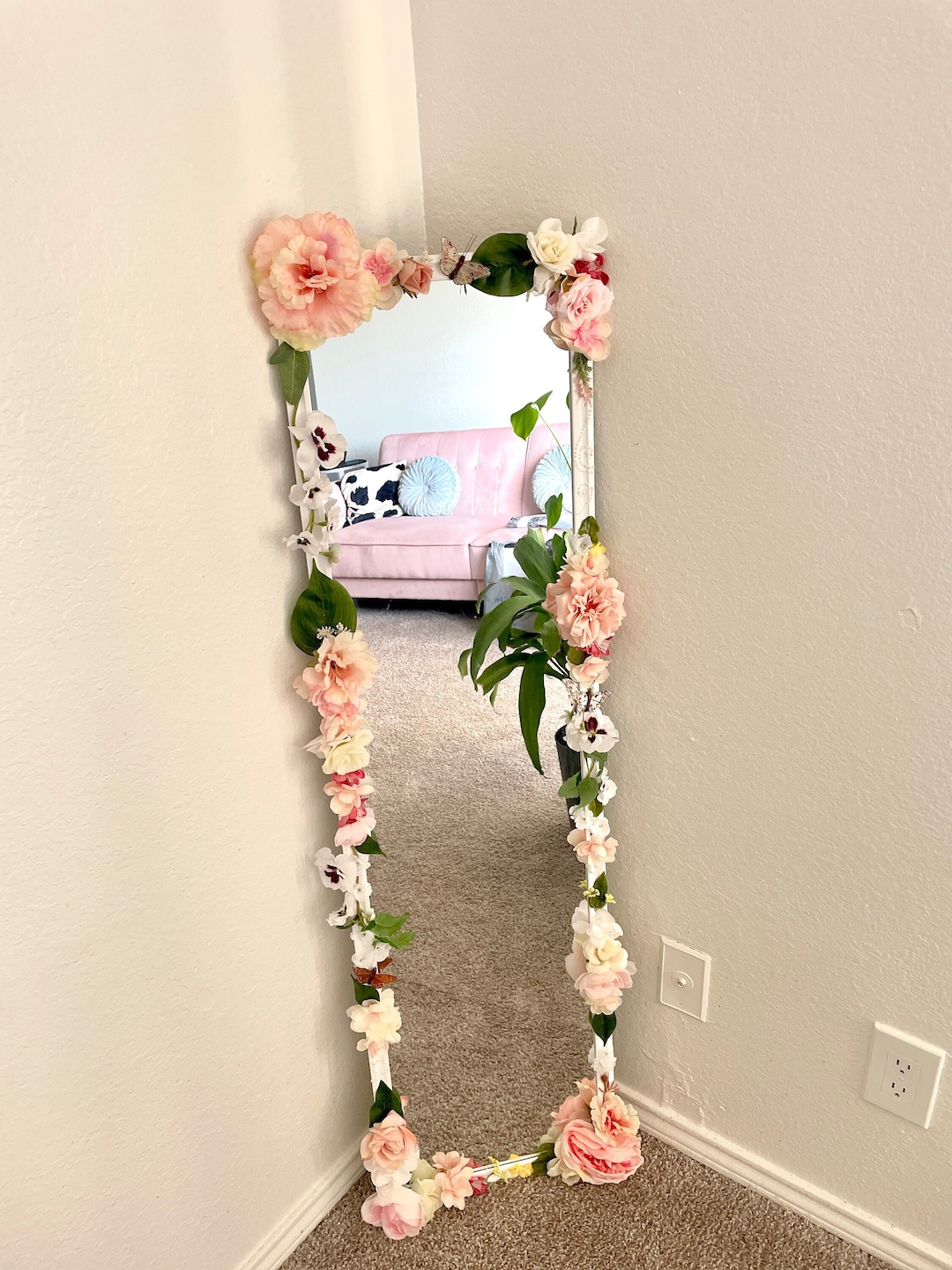 Pink and White Flower Decorated Floor Mirror Body Mirror With - Etsy