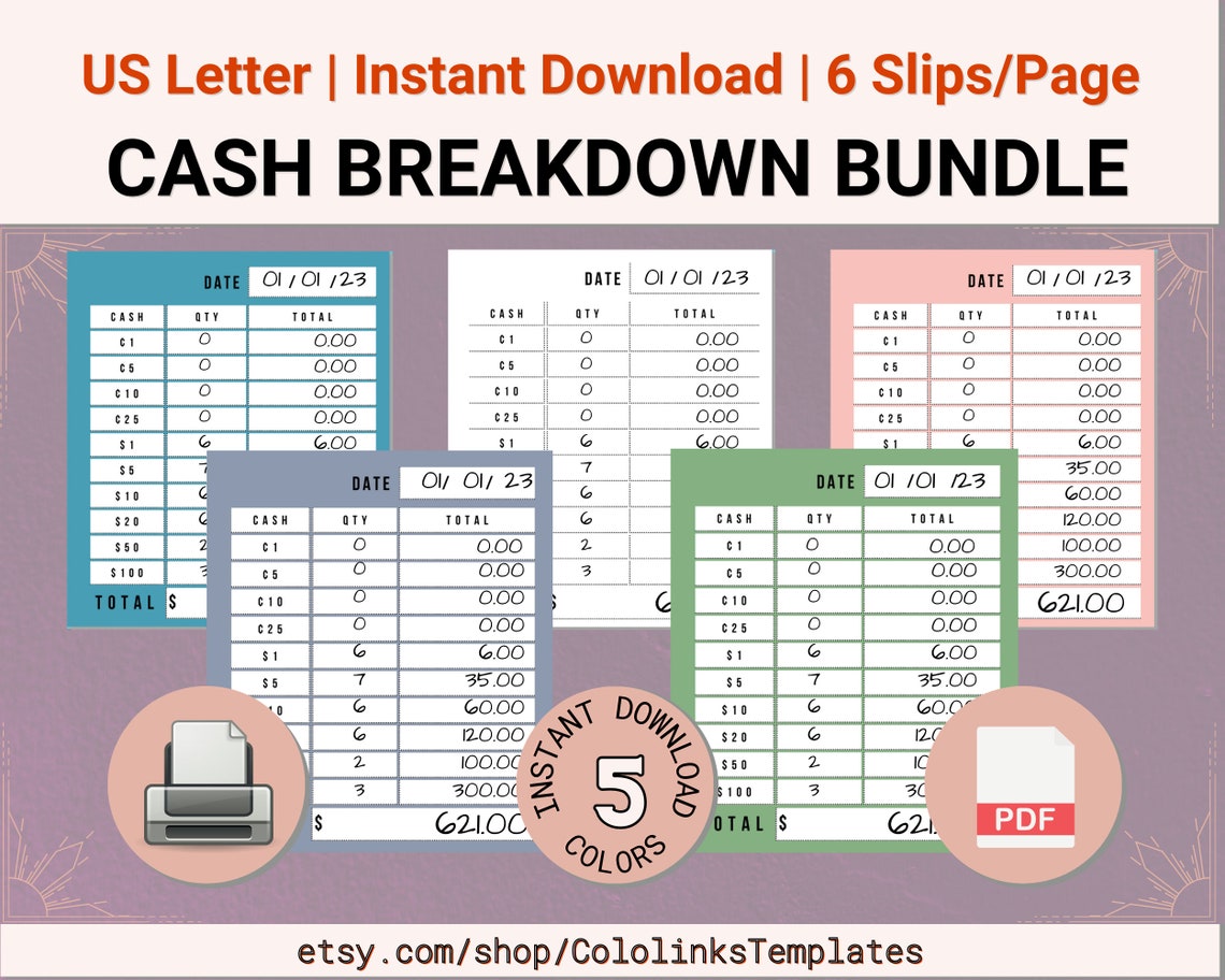 Set of 5 PRINTABLE Cash Breakdown Slips, Teller Slips, Cash Inserts ...