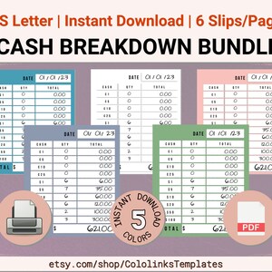 Set of 5 PRINTABLE Cash Breakdown Slips, Teller Slips, Cash Inserts ...
